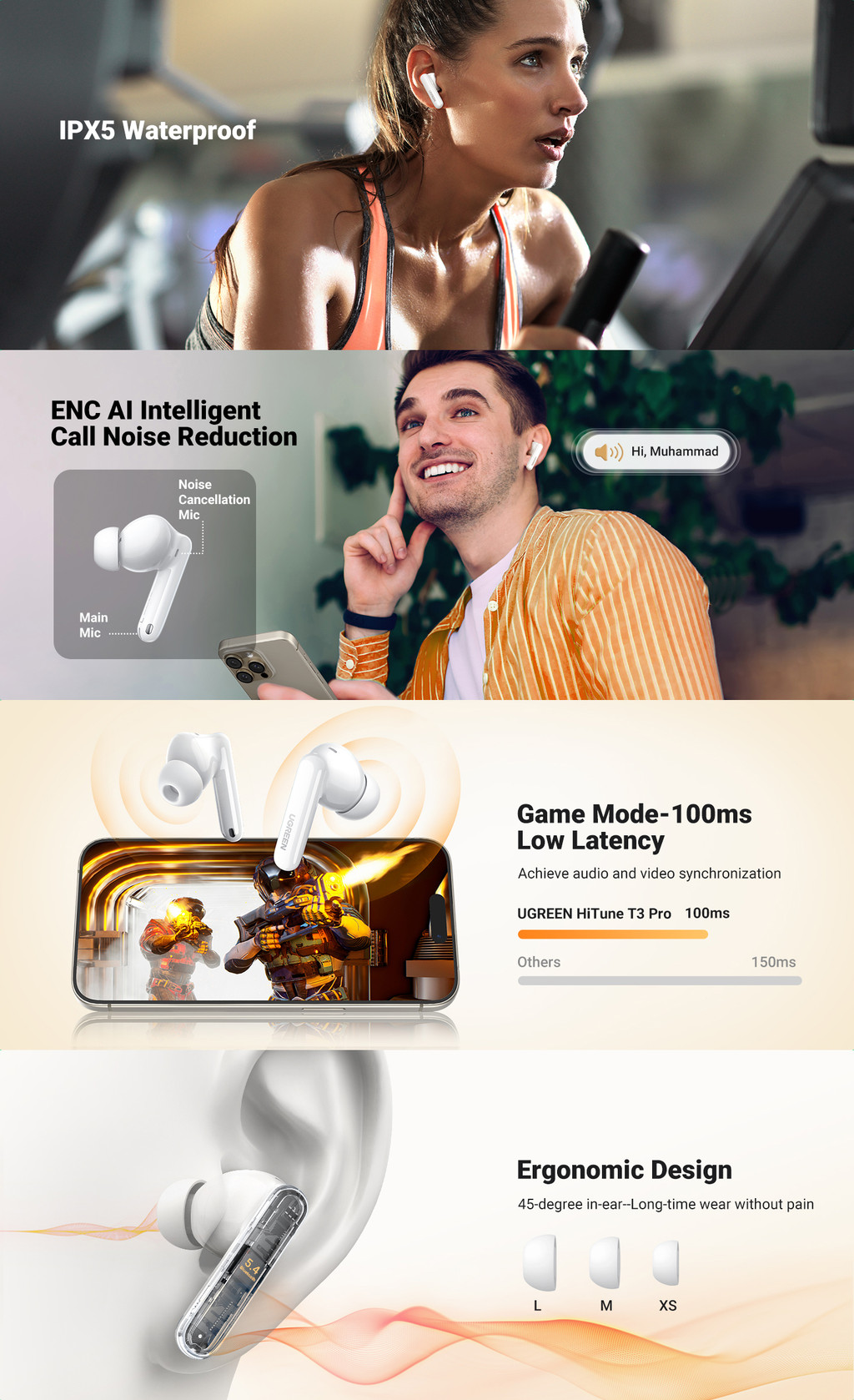 UGREEN T3 Pro ANC Earbuds Wireless Bluetooth 5.4 Low Latency Waterproof ...