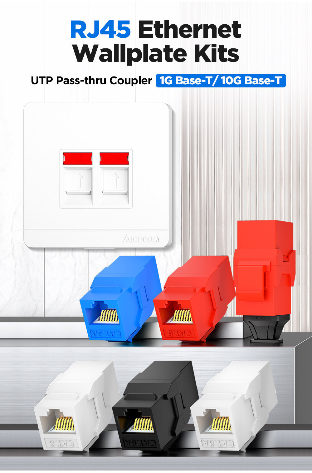 AMPCOM 86*86mm Wall plate with CAT6A Keystone Jack Kit, Tool Free Wall ...