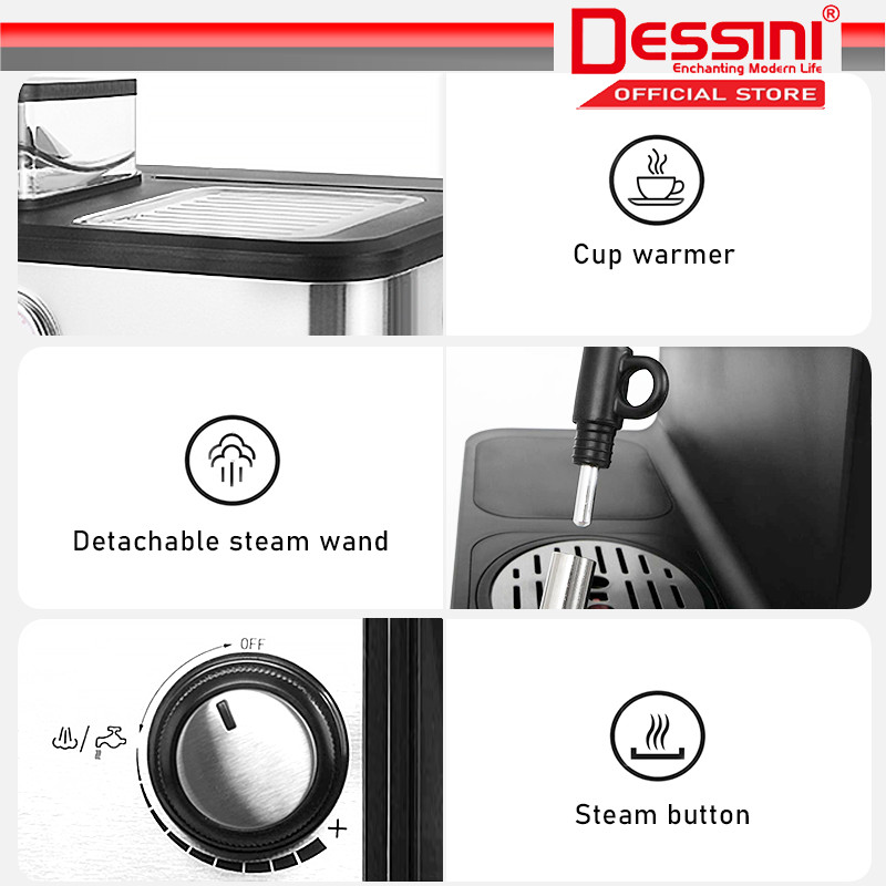 DESSINI ITALY 20 Bar 1.5L Espresso Coffee Maker Brew Cappuccino Latte ...