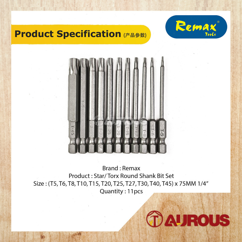 REMAX 1/4'' STAR ROUND SHANK BIT TORX KEY SET T5 - T45 X 75MM (11 PCS ...