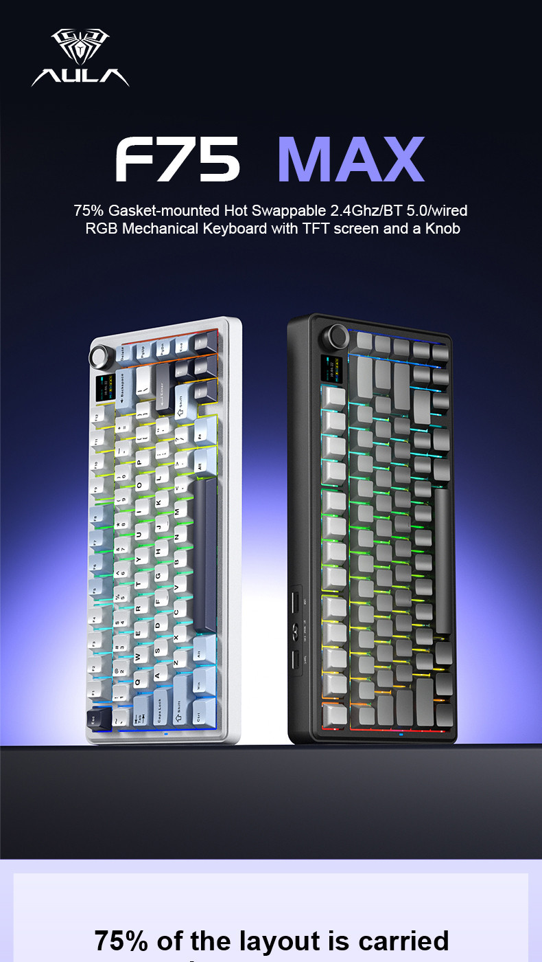 AULA F75 MAX Mechanical Keyboard 75% RGB Three Mode Wired/Bluetooth/2.4G Full Key Hot Swappable ...