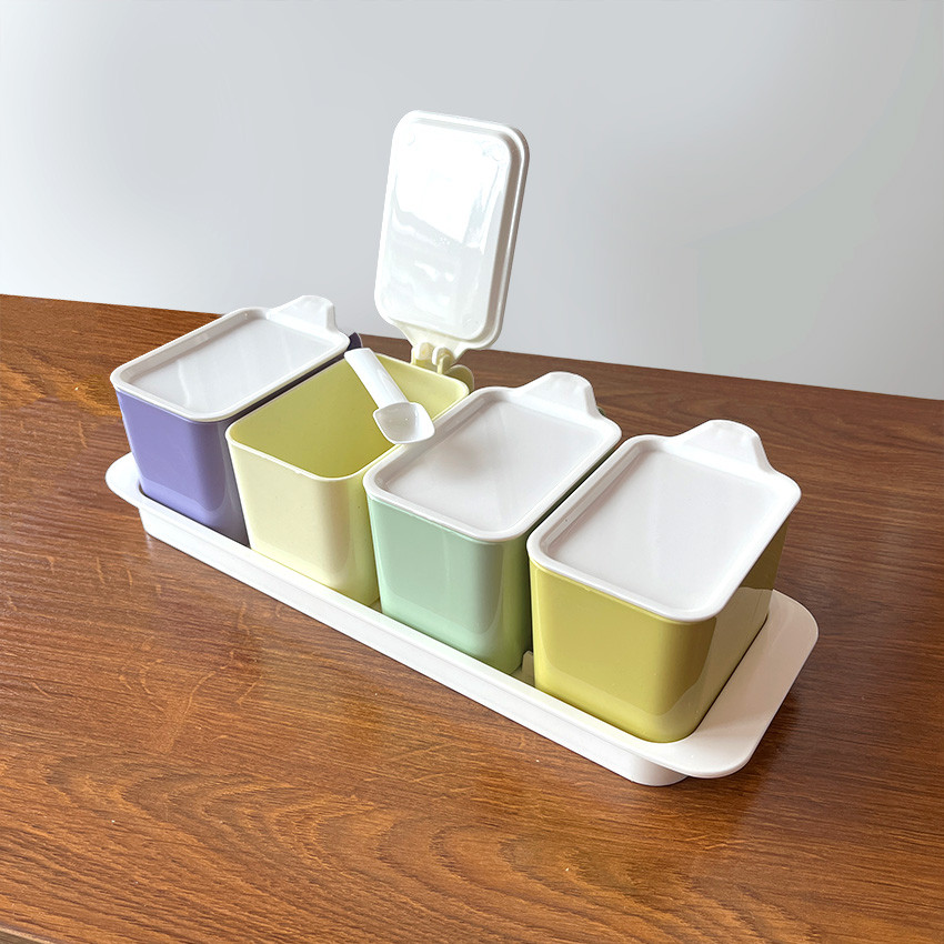 Romantika TRAY SEASONING JAR Spice Organizer Box with Spoons Lid Handle ...