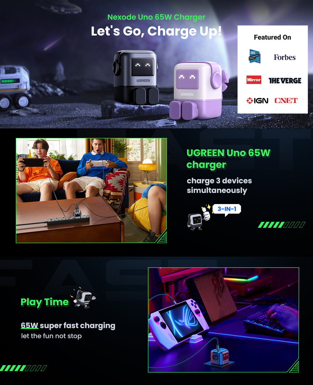 UGREEN UNO 65W RobotGaN Nexode Charger Fast Charging Adapter Plug USB C ...