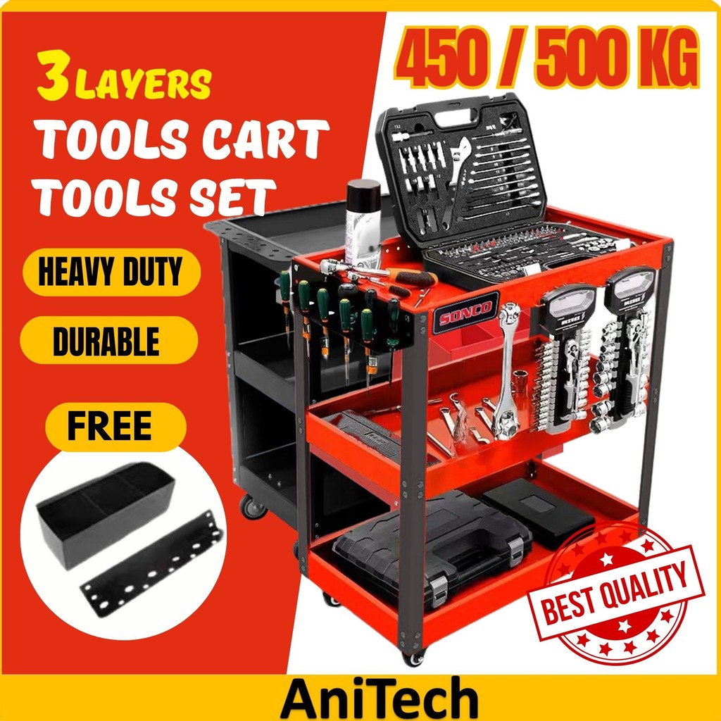 450kg Heavy Duty 3 Layers Service Cart Metal Steel Tool Cart Trolley ...