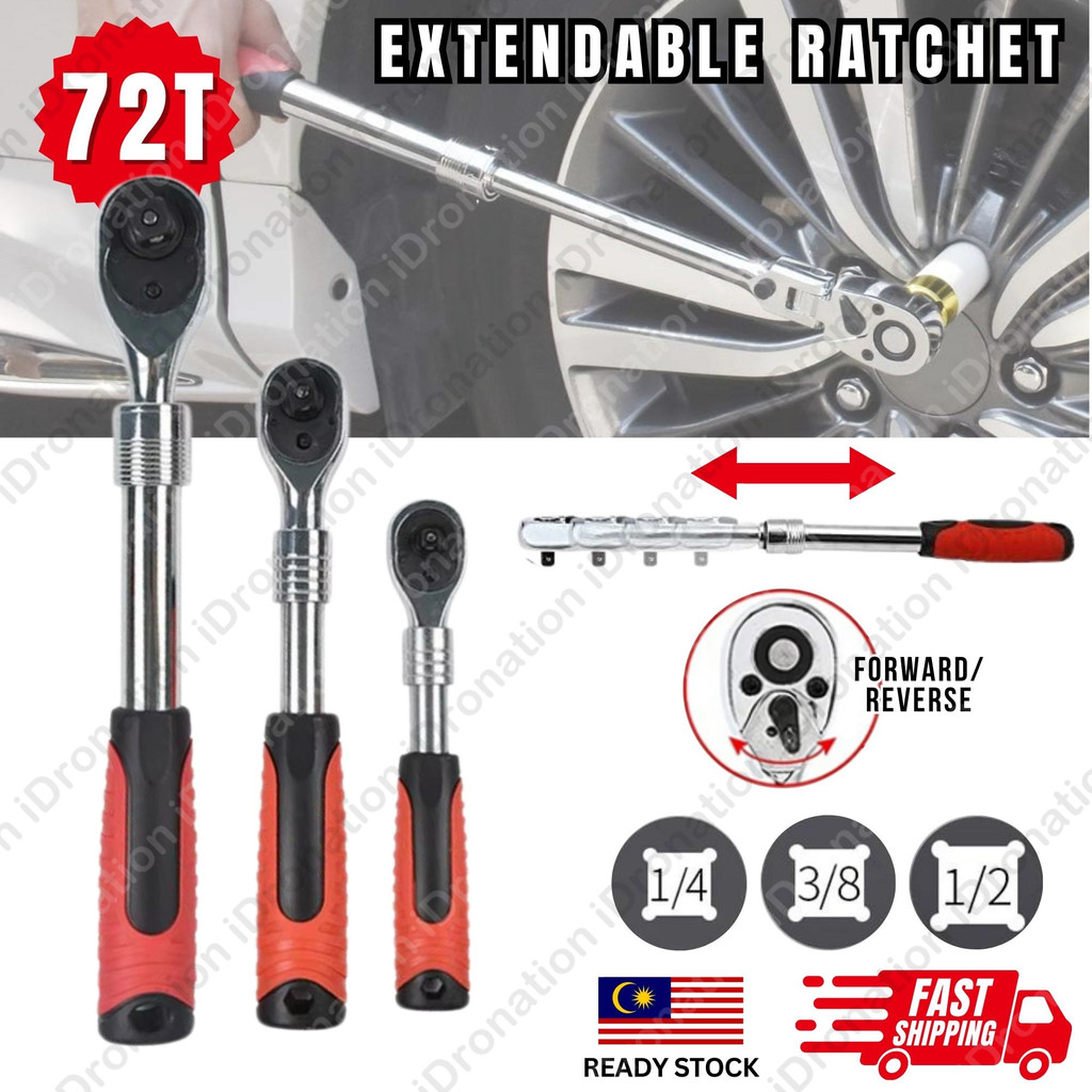 CR-V Extendable Ratchet Wrench 1/2" 3/8" 1/4" Inch 72 Tooth Steel ...