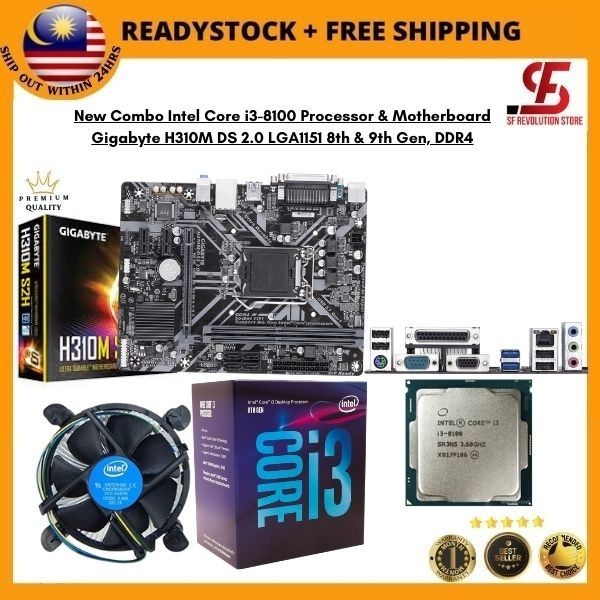 New Combo Intel Core i3-8100 Processor & Motherboard Gigabyte H310M DS 2.0 LGA1151 8th & 9th Gen ...