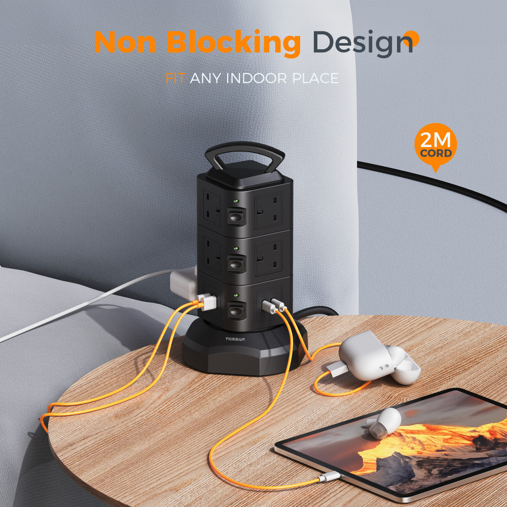 TESSAN Tower Extension Retractable Cord 2M Socket Adapter with USB Type ...