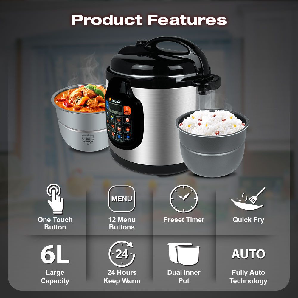 Primada 6 Liter Dual Pots Pressure Cooker PC6030(1 NON STICK POT + FREE ...