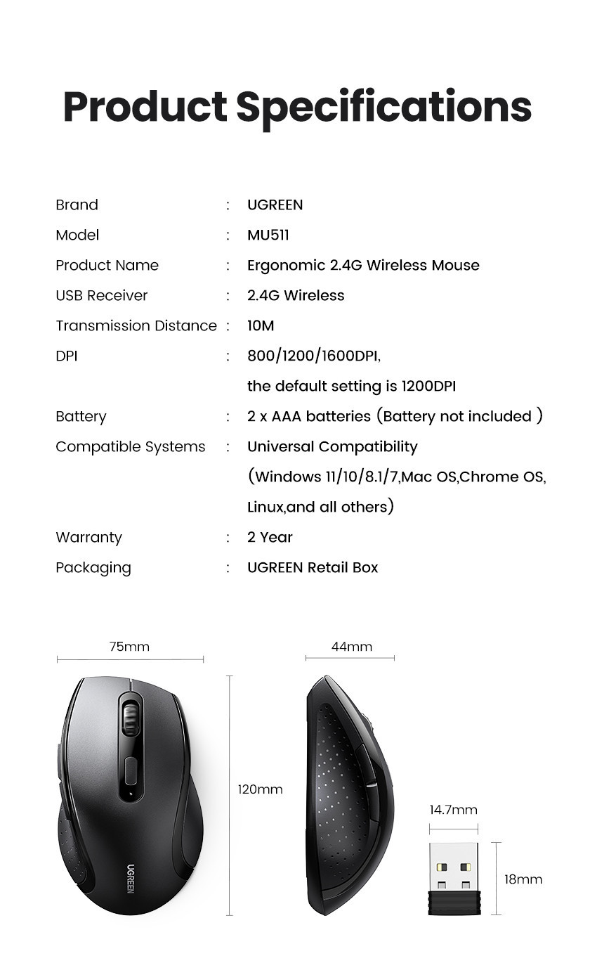 UGREEN Wireless Ergonomic Mouse 6 Buttons 3 Level DPI Setting 1600 DPI ...