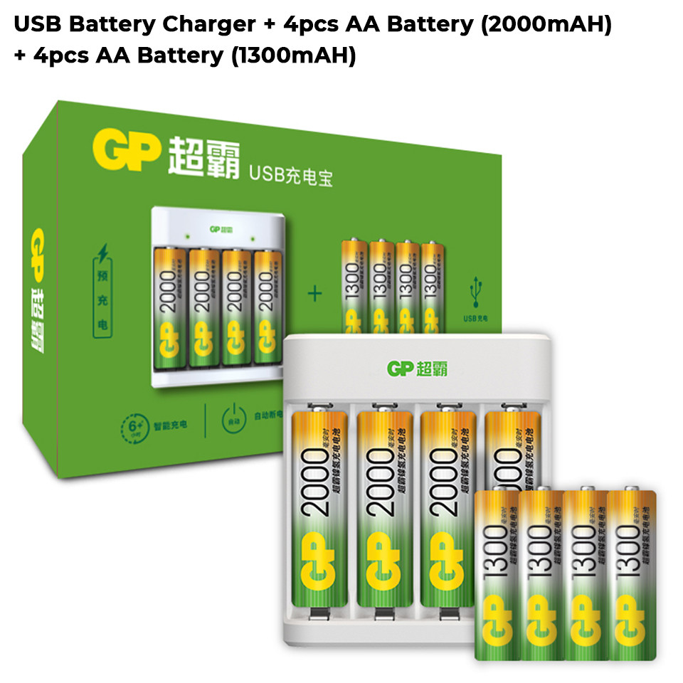 Set Bateri Cas GP Rechargeable AA Battery Charger Set 1300mAh + 2000mAh ...