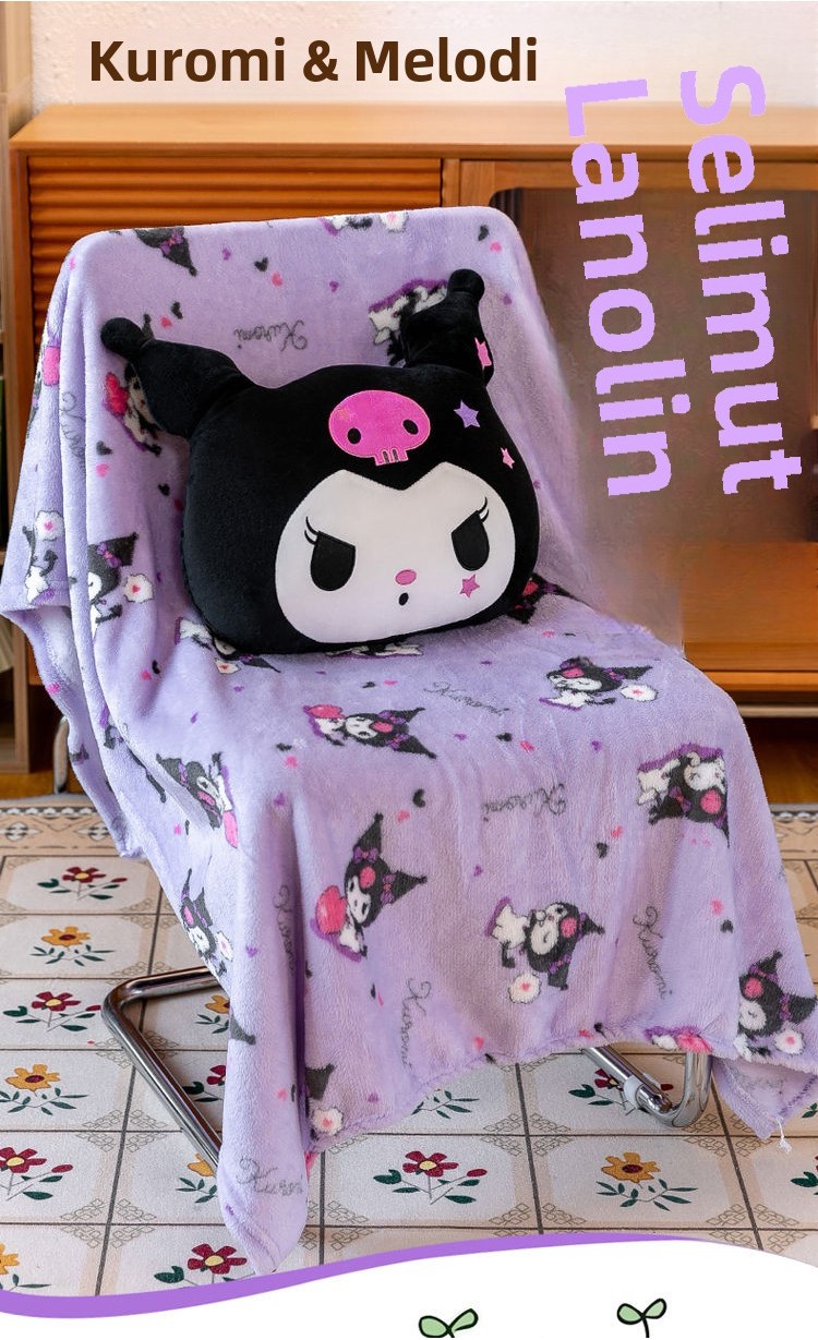 Kuromi Blanket (Size 1.1m*1.6m) Melody Blanket 2 in 1 Pillow Quilt Sanrio Warm Blanket Office ...