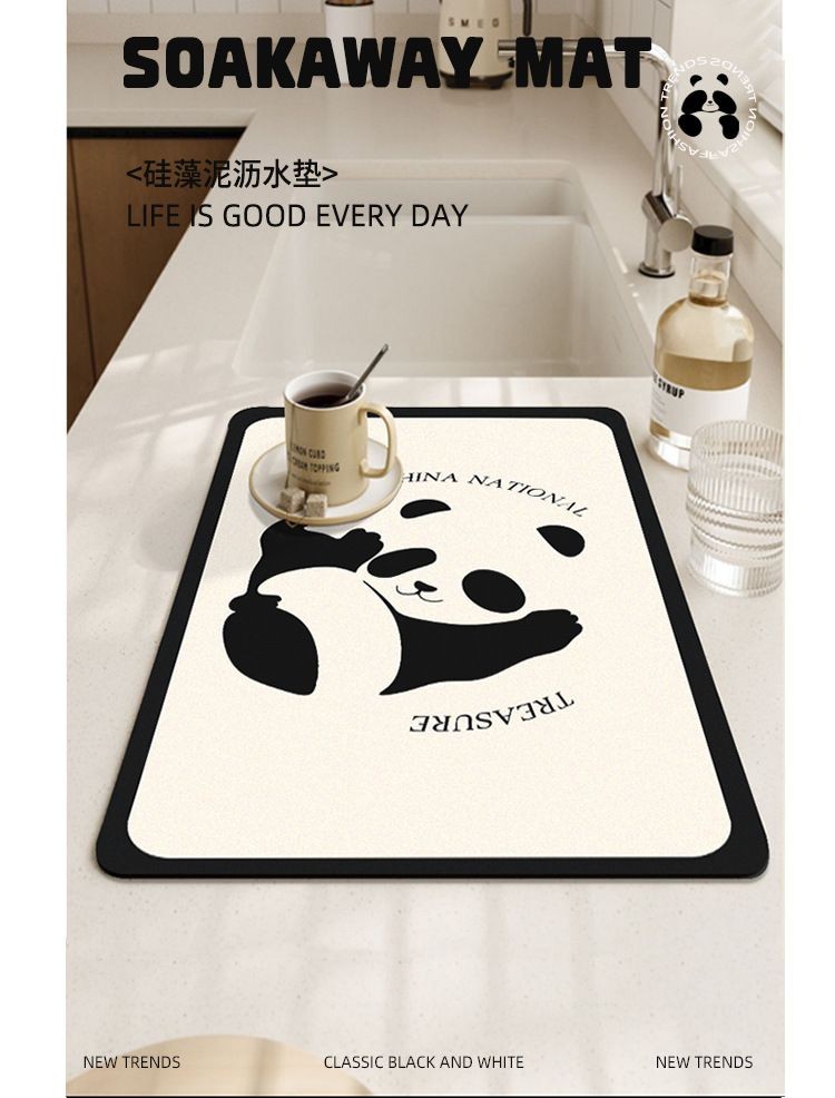 Cute Panda Kitchen Drain Mat Hand Washing Sink Countertop Diatom Mud ...
