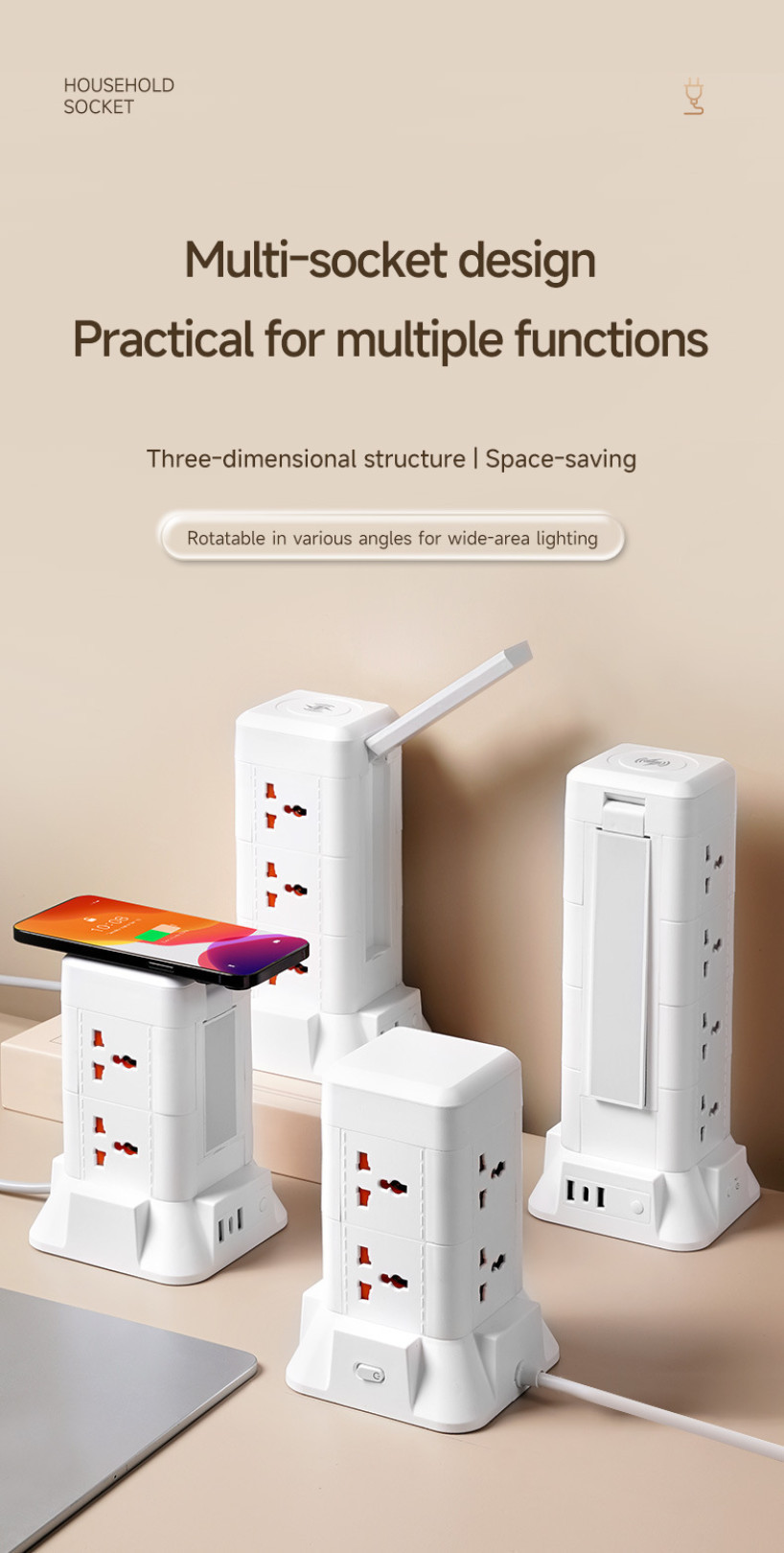 2 Layers Extension Plug Tower Socket 6 Outlets 2 USB Type C Power Strip ...