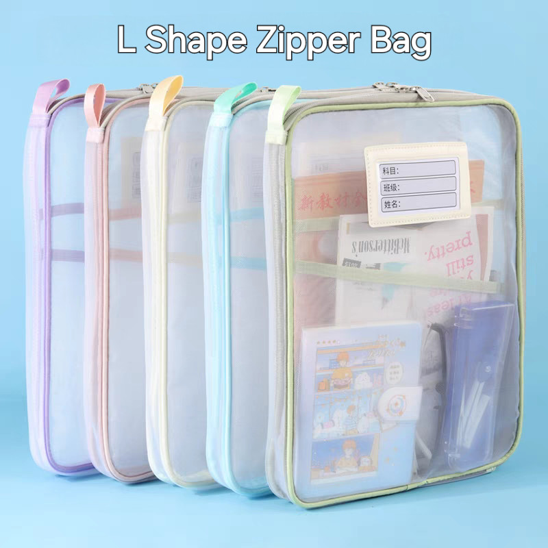 L Shape Mesh Zipper File Bag A4 Large Capacity Nylon Mesh Semi ...