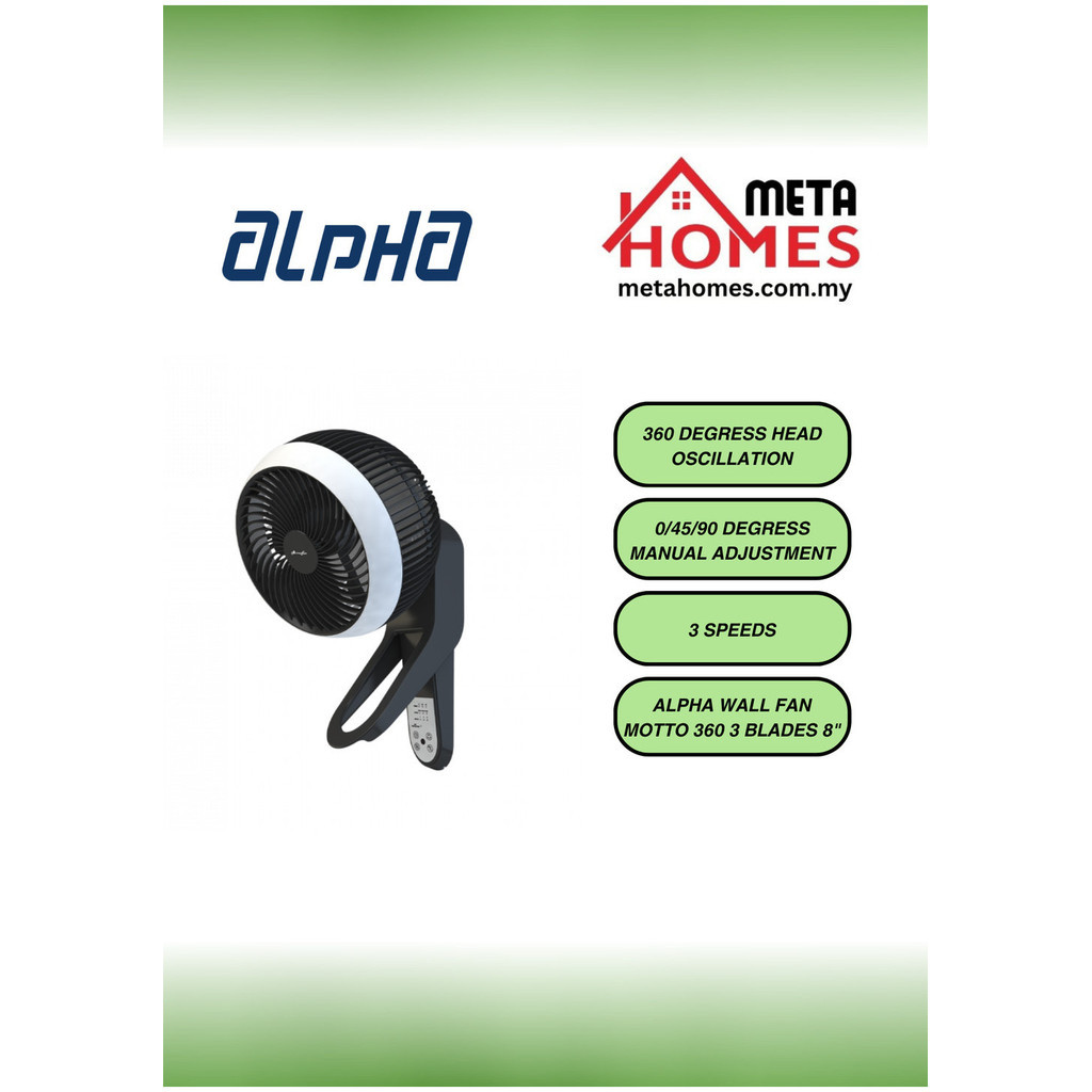 Alpha Fan 360° Head Oscillation 3 Speeds Motto Wall Fan (White) WF360 ...