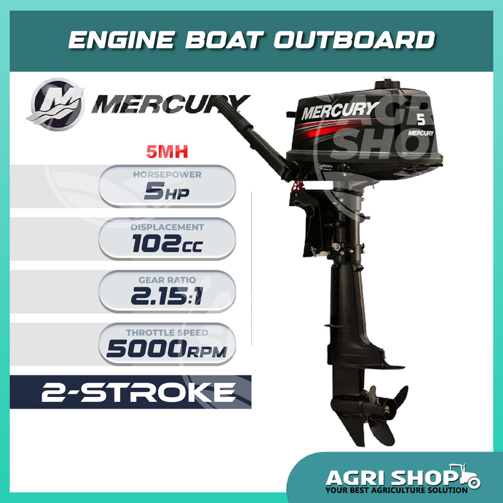 Agrishop Mercury 5MH 5HP 2 Stroke Petrol Engine Outboard c/w Quiksilver Fuel Tank & Fuel Hose ...