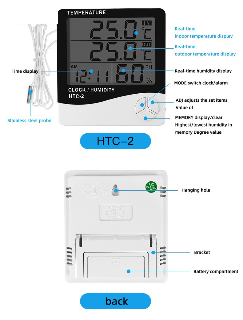 Temperature gauge clock temperature, humidity, and temperature, HTC-2 ...