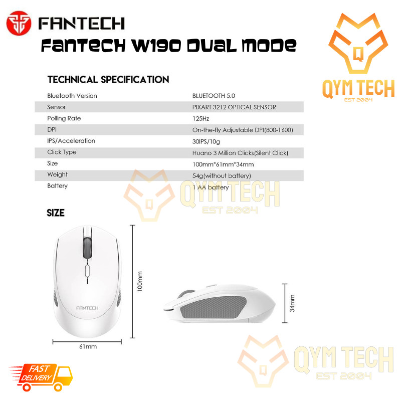 FANTECH W190 DUAL MODE 2.4Ghz And Bluetooth Wireless Mouse Up To 200 ...
