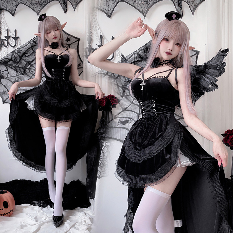 Dark Devil Gothic Style Lolita Dress For Women Sexy Red Black Plaid Dresses Halloween Cosplay ...