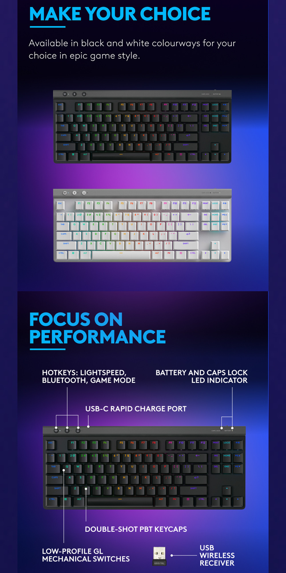 Logitech G515 LIGHTSPEED TKL Wireless Gaming Keyboard - Low-Profile, 1. ...