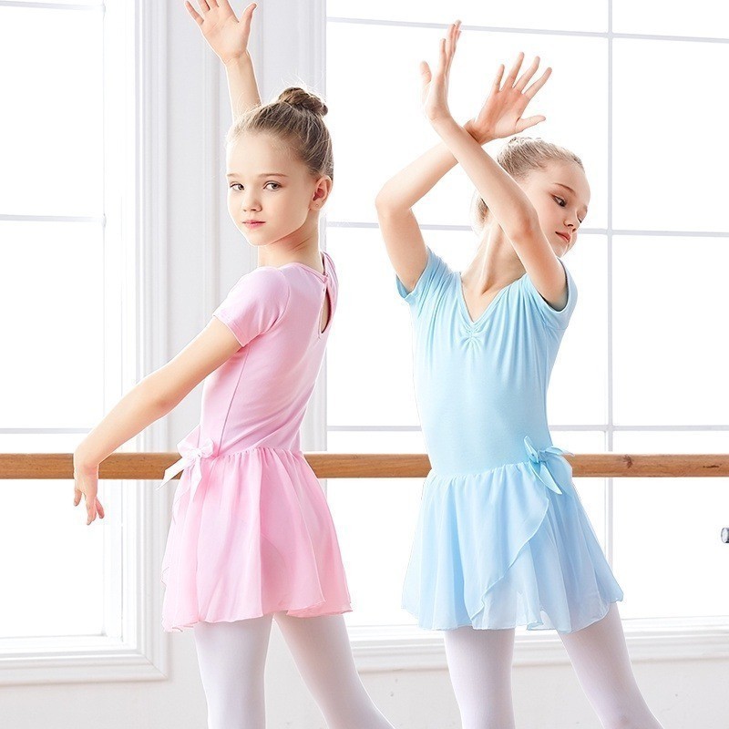 Girls Short/Long Sleeve Gymnastics Bodycon Chiffon Skirt Ballet Leotard ...