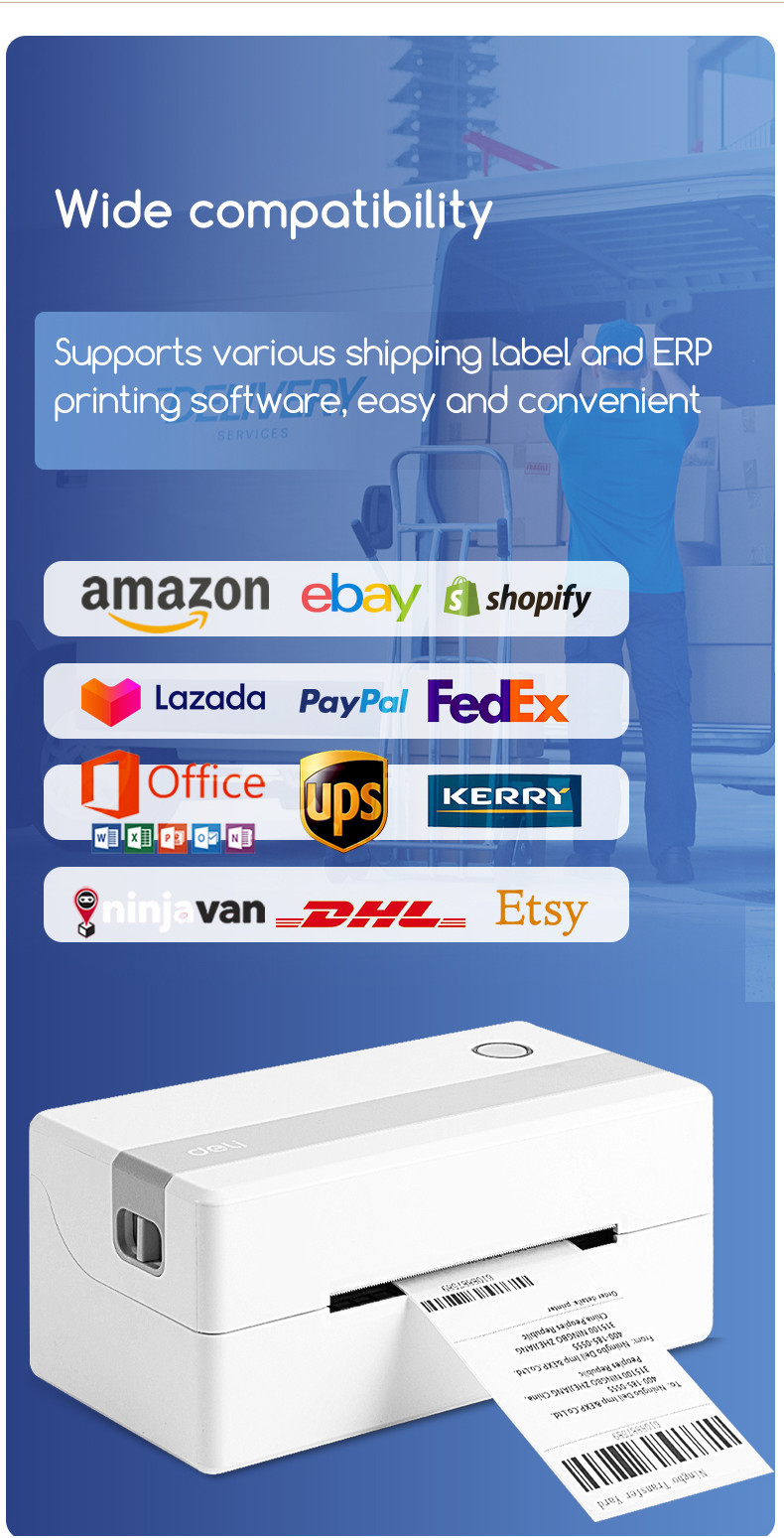 Deli Thermal Label Printer Waybill Printer AWB Shipping Label Barcode AWB 热敏打印机 108mm 203dpi USB ...