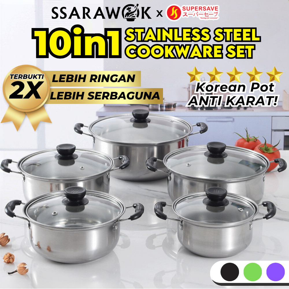 SUPERSAVE 10pcs Stainless Steel Periuk Cookware Set Alat Dapur Periuk ...