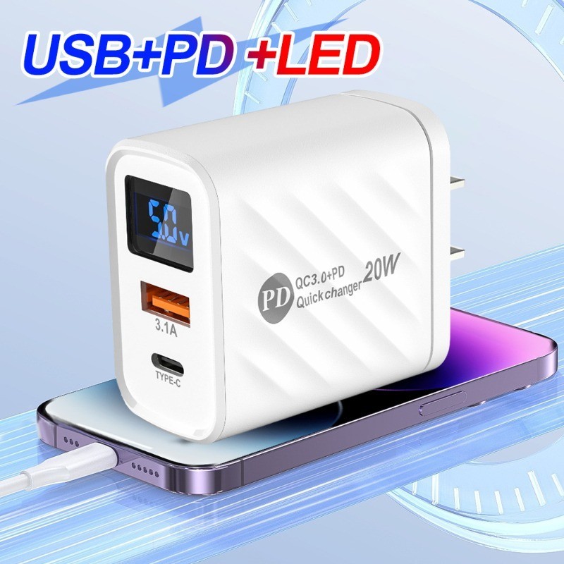 20W PD+QC3.0 Power Adapter - Digital Display Screen Charging Block - 2 ...
