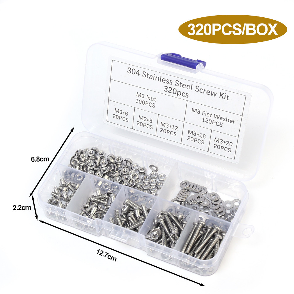 320Pcs/Box Stainless Steel M3 Screws Nuts Kit - Multi Size Metric Hex ...