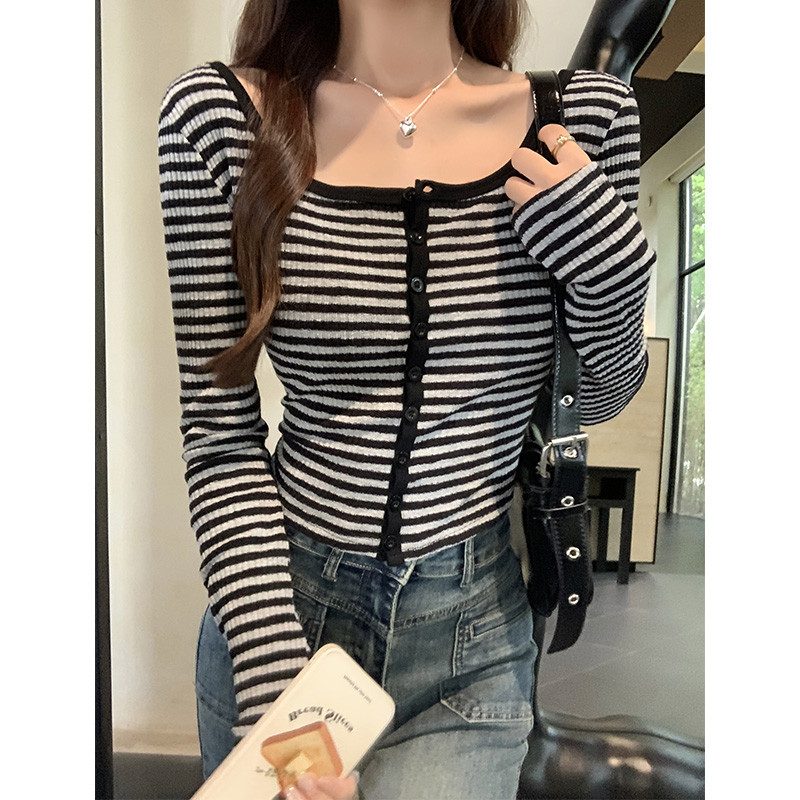 78261 Black White Striped Square Neck Knitted Slimmer Look Top | Shopee ...