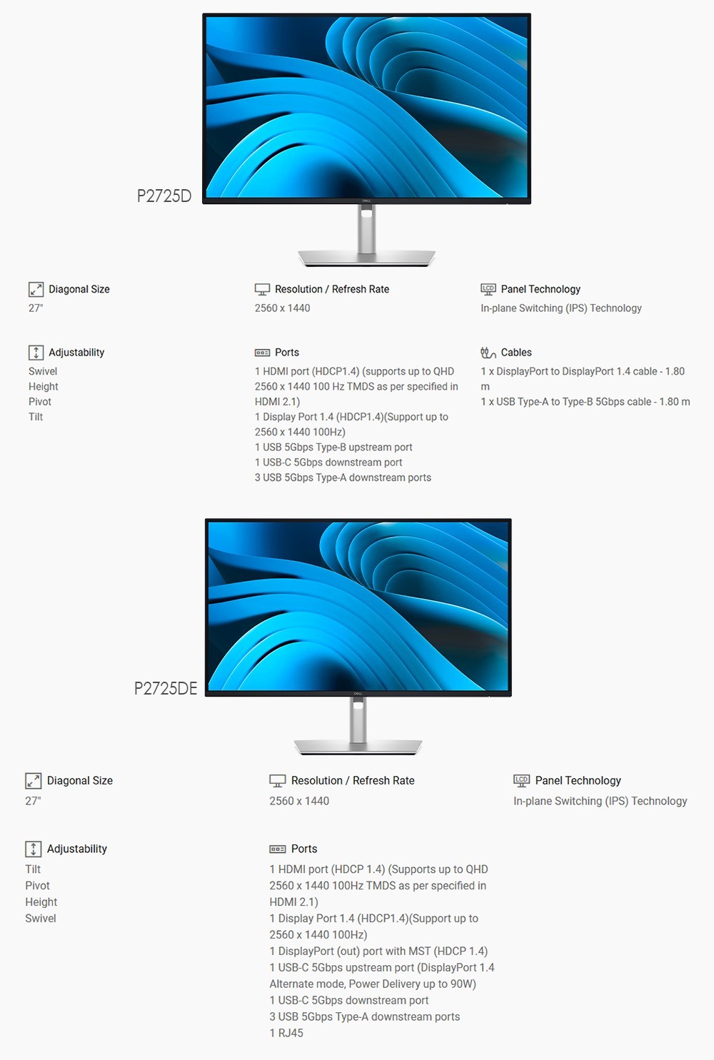 Dell Pro Plus P2725D P2725DE P2723D P2723DE 27" QHD 2560 x 1440 IPS USB ...