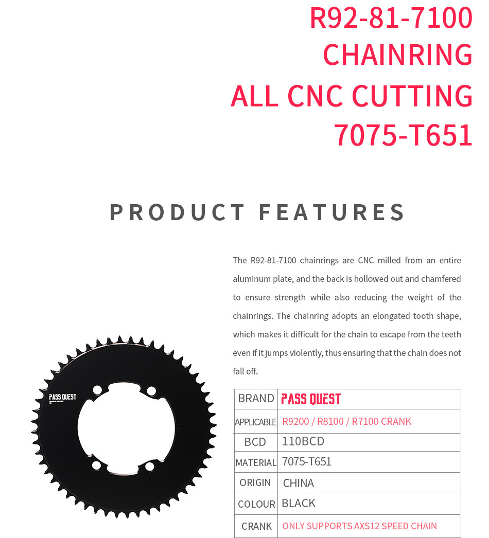 PASS QUEST Chainring 110BCD for 105 R7100 Shimano DuraAce R9200 Ultegra ...