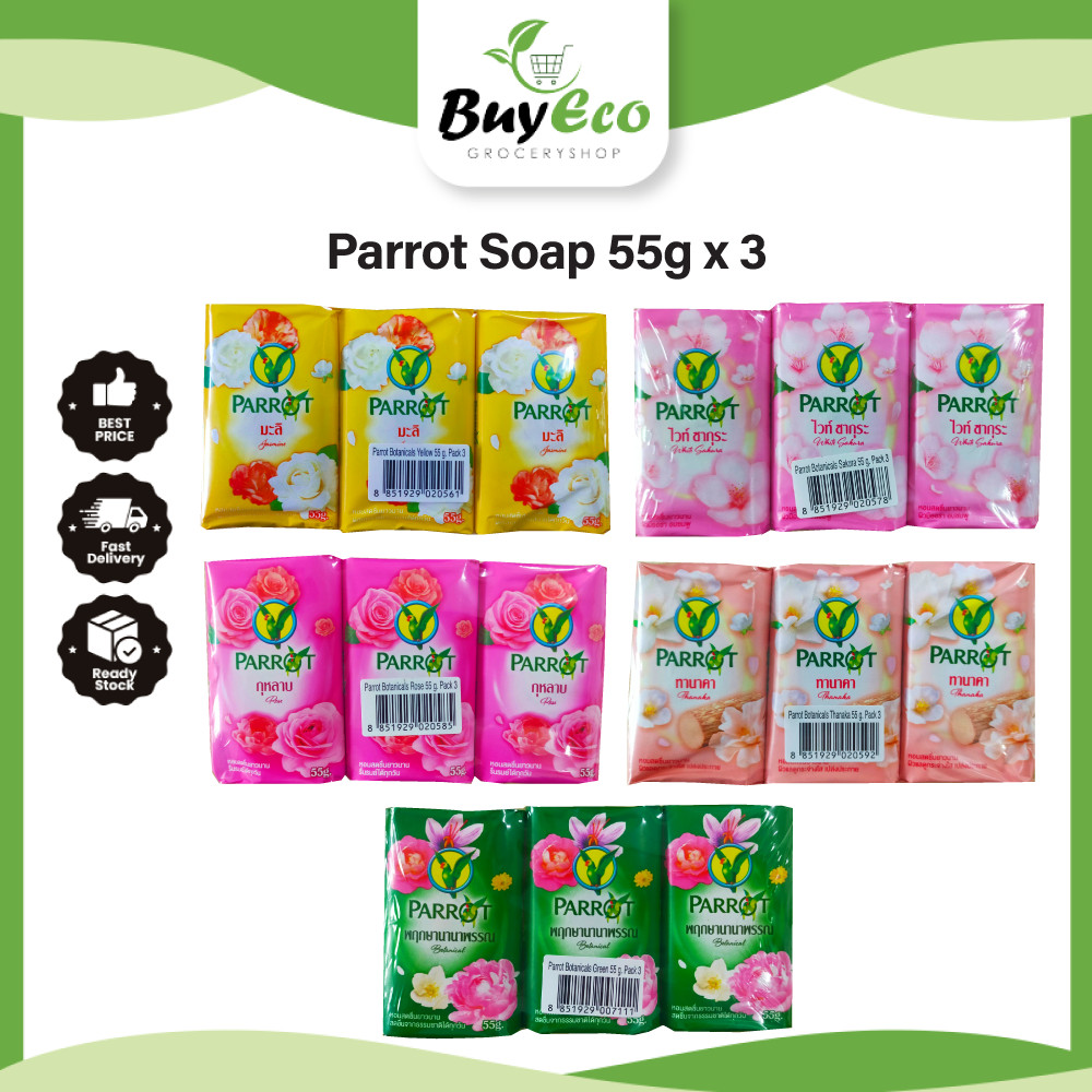 Parrot Bar Soap 3 x 55g (Jasmine/Sakura/Roses/Thanaka/Botanical) | Shopee Malaysia