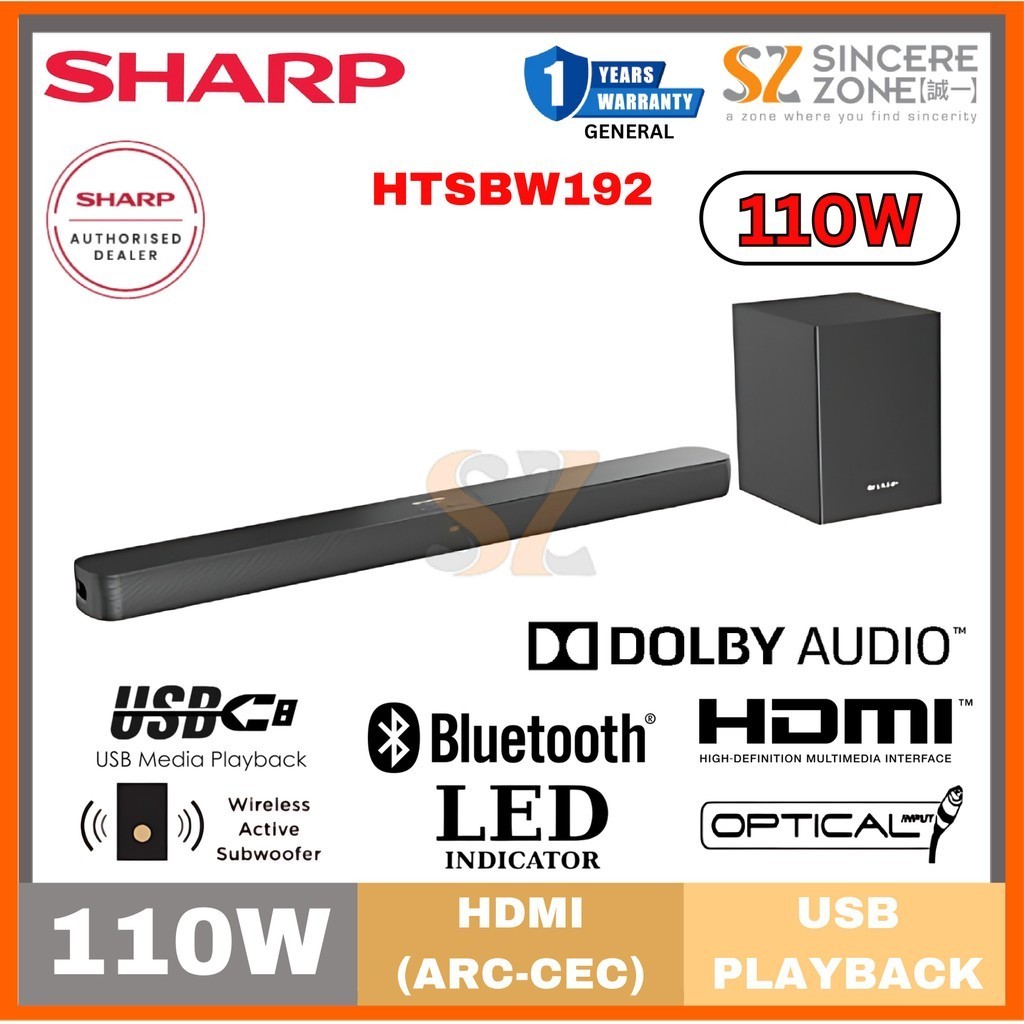 SHARP HTSBW192 2.1ch Sound Bar with Wireless Subwoofer I Bluetooth I ...