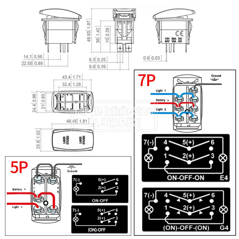 12V 24V Car Boat Rocker Toggle Switch (ON) OFF (ON) Waterproof 5 Pin ON ...
