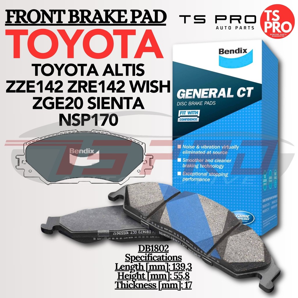 Toyota Altis ZZE142 ZRE142 Wish ZGE20 Sienta NSP170 Bendix Front Disk ...