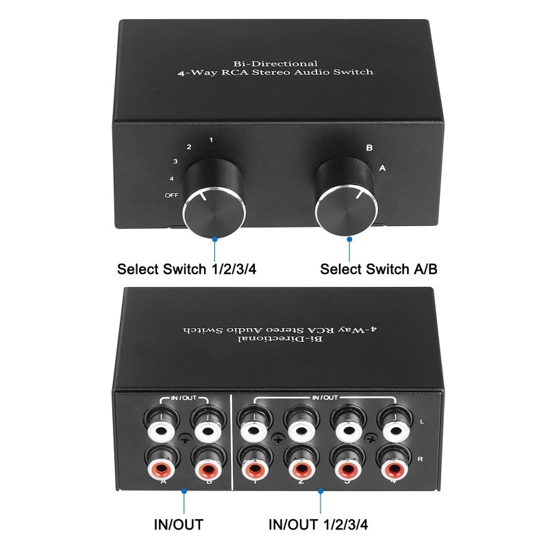 4 Way Bi-Directional RCA Stereo Audio Switch Selector 4X2/2X4 L/R Sound ...
