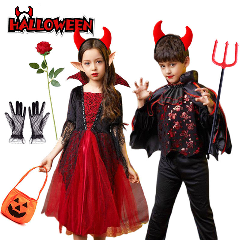 Girls Boys Dress Kid Ghost Bride Gothic Cosplay Vampire Devil Bat ...
