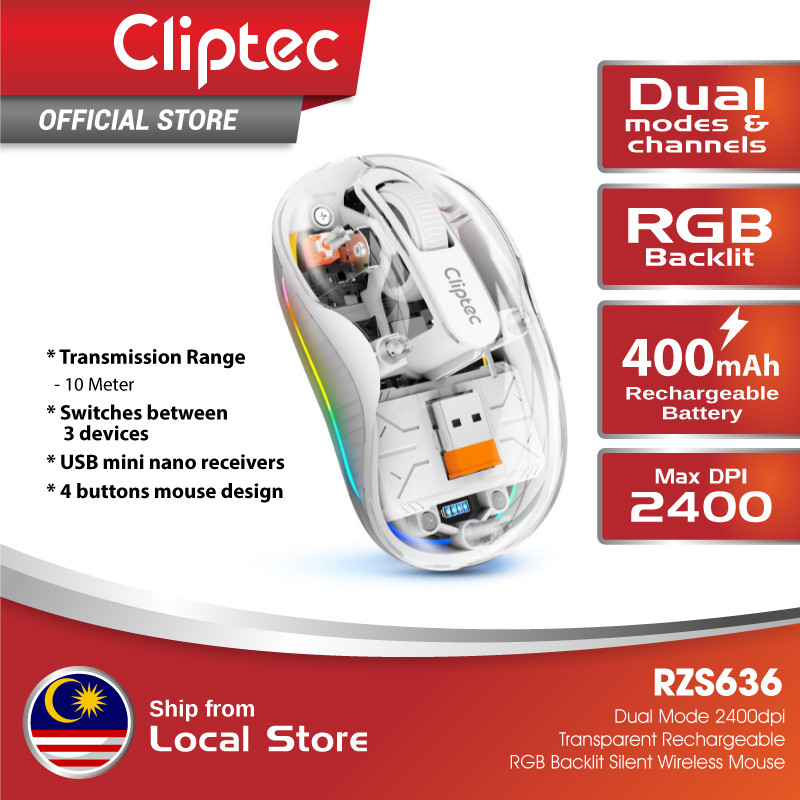 Cliptec RZS636 - Dual Mode 2400dpi Transparent Rechargeable RGB Backlit ...