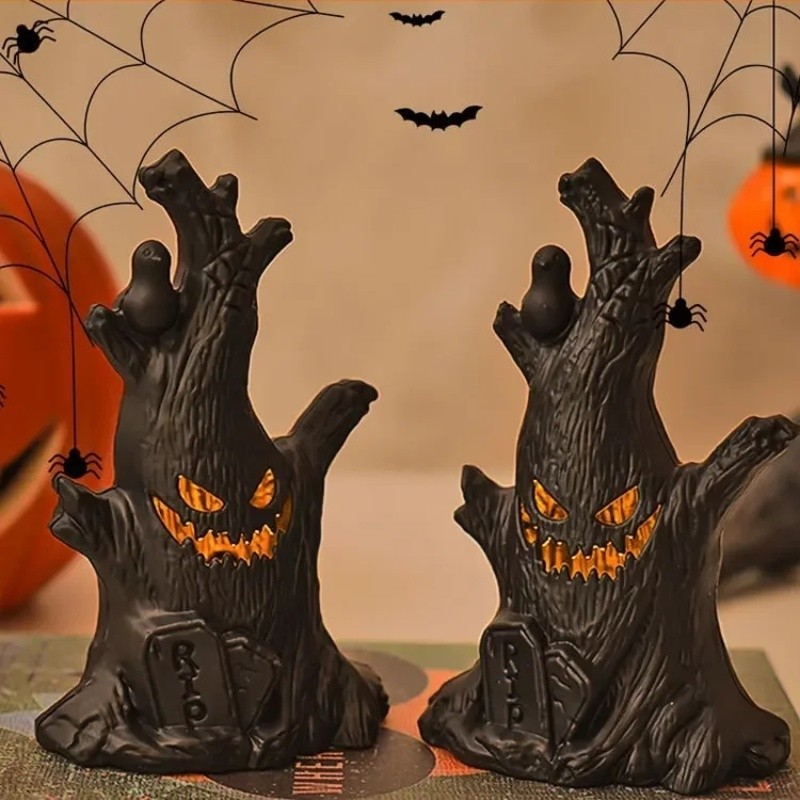 New Halloween Tree Stump Lantern Pumpkin Led Lights Black Ghostface ...