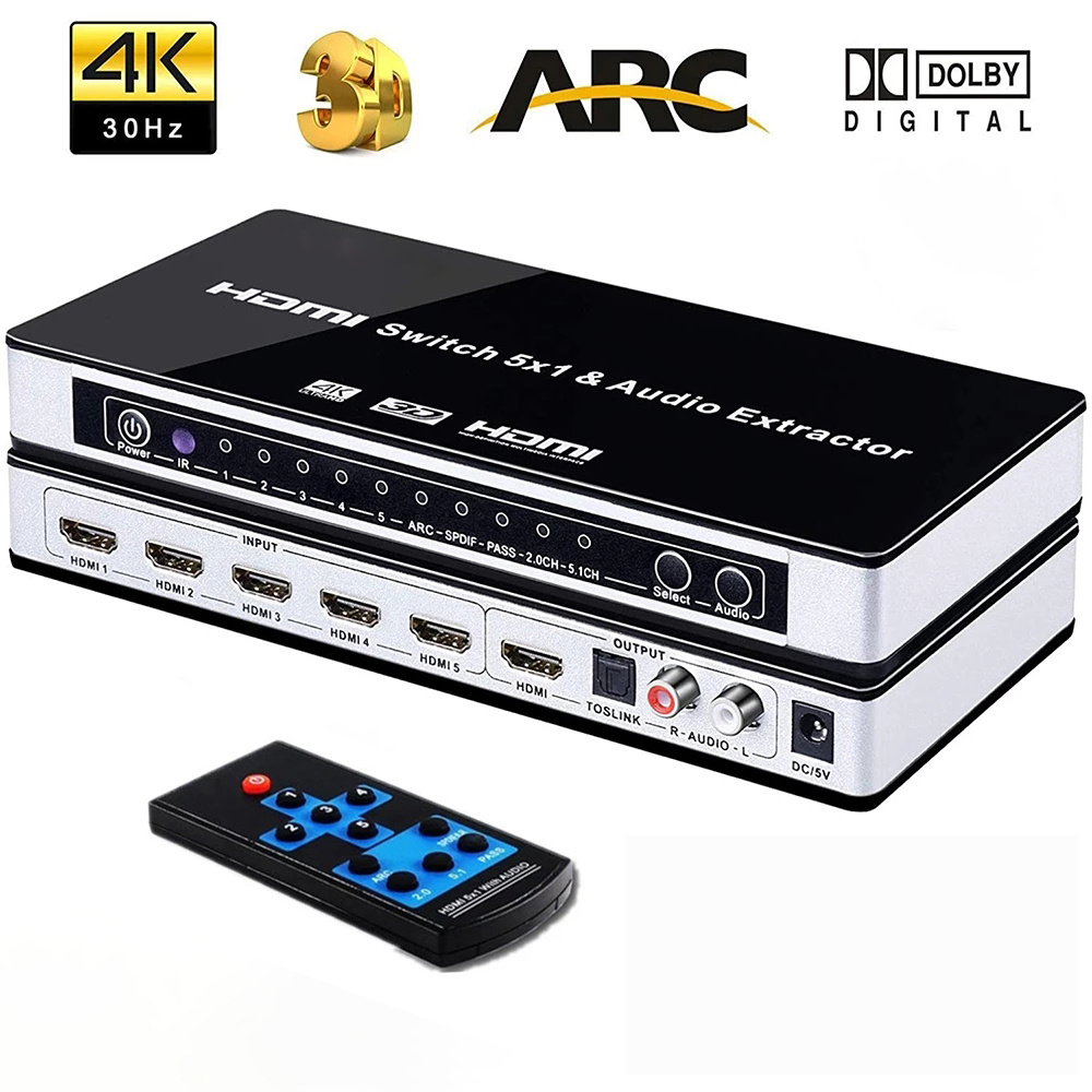 5X1 HDMI Switch Audio Extractor 5 in 1 out 4K HDMI Switch Selector with Optical R/L Audio out ...