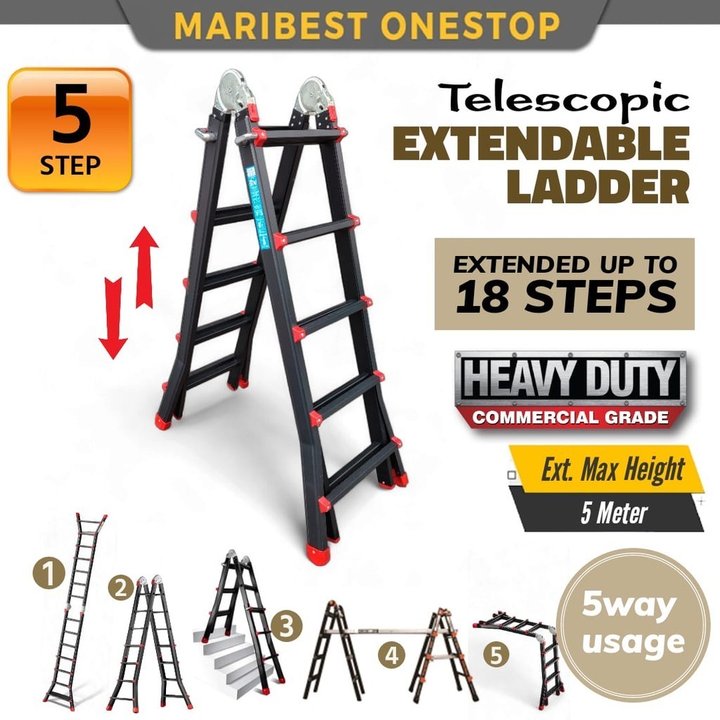 5 STEP Black Transformable Telescopic Extendable Ladder Heavy Duty ...