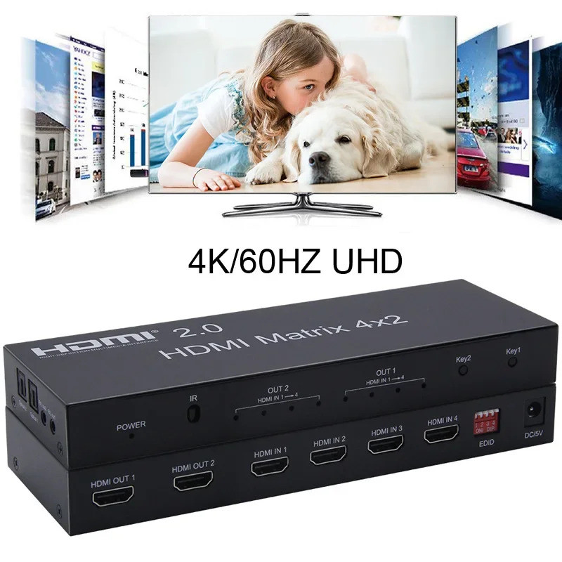 4K 60Hz HDMI Matrix 4x2 HDR Switch Splitter 4 in 2 Out with Optical ...