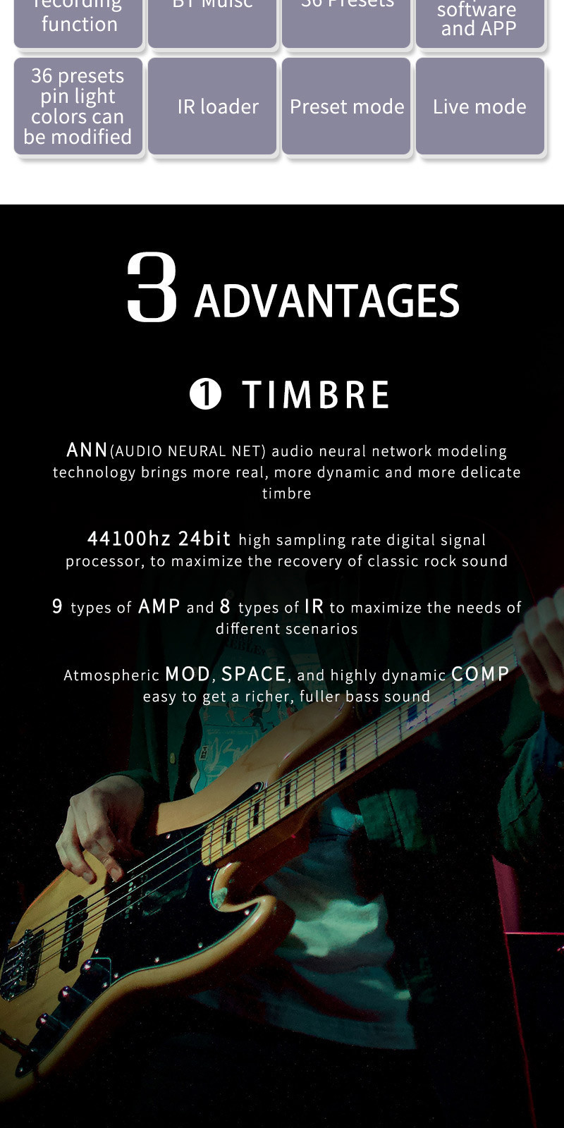 M-VAVE Tank-B BASS Multi-Effects Pedal Rechargeable 36 Presets 9 Preamp ...