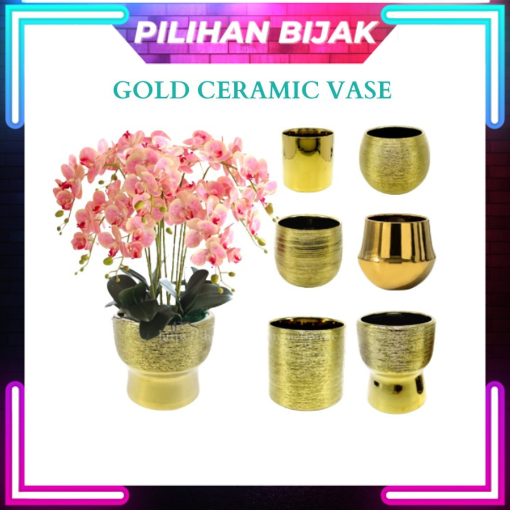 Premium Gold Vase Ceramic Vase Pasu Emas Metalic Vase Pasu Bunga Flower ...