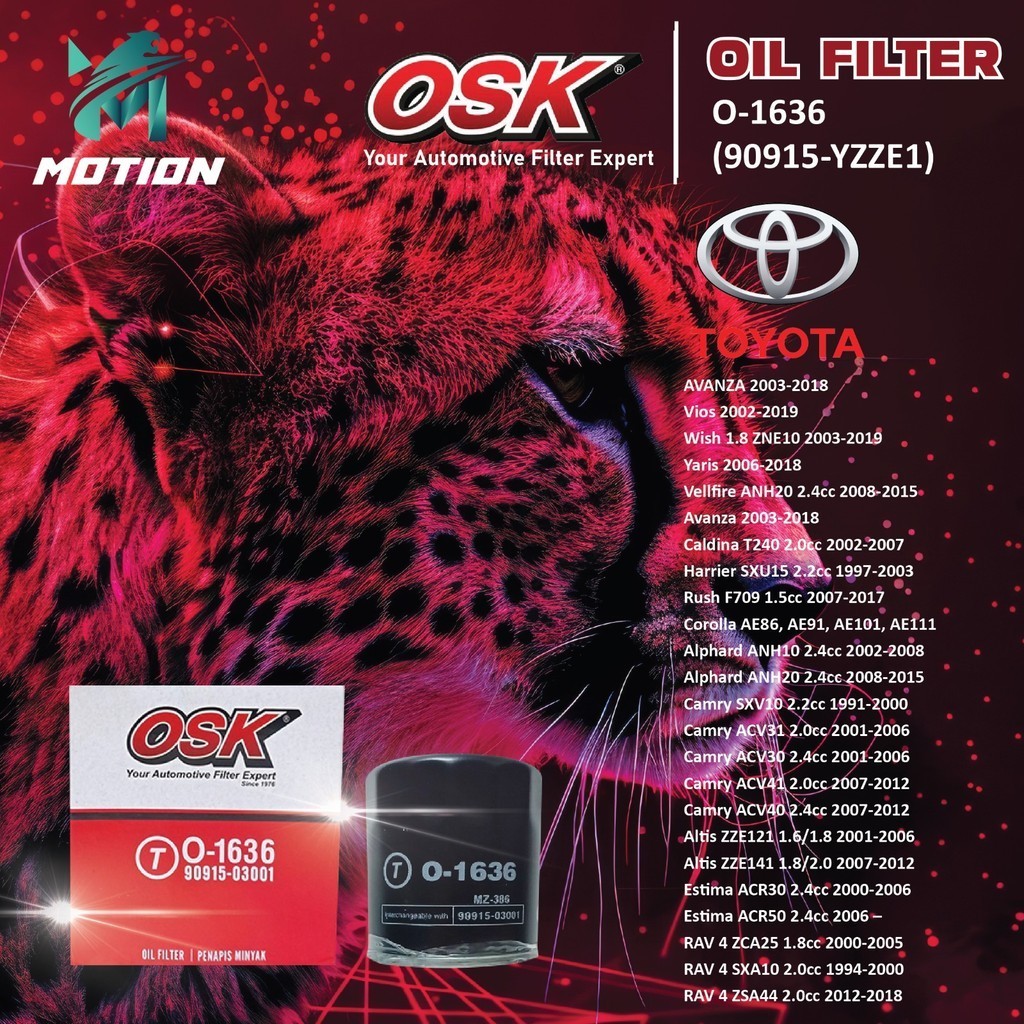 MOTION OSK O-1636 YZZE1 OIL FILTER - AVANZA WISH VIOS ALPHARD VELLFIRE ...