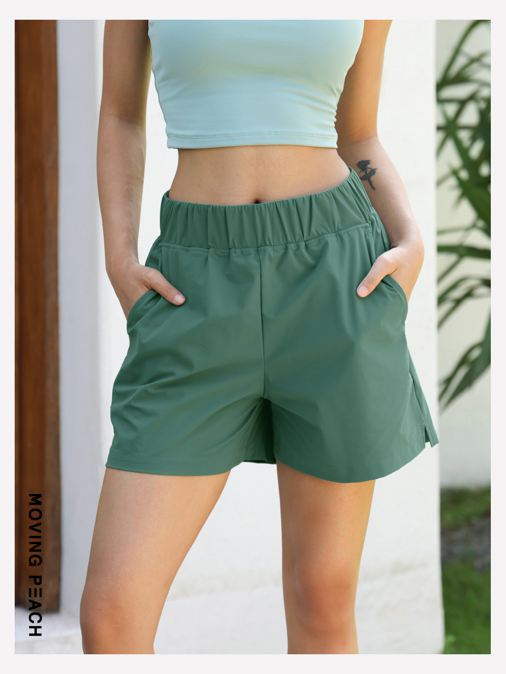 MOVING PEACH Shorts for Women High Waist Sports Shorts Front Hand ...