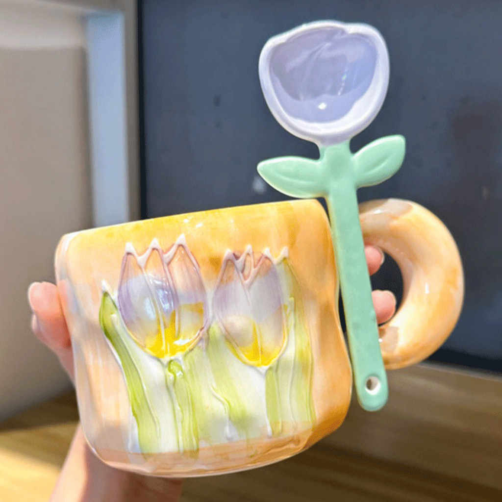 450mL PERCUMA Sudu Dan Penutup Flower Cawan Comel Seramik Set Hadiah ...