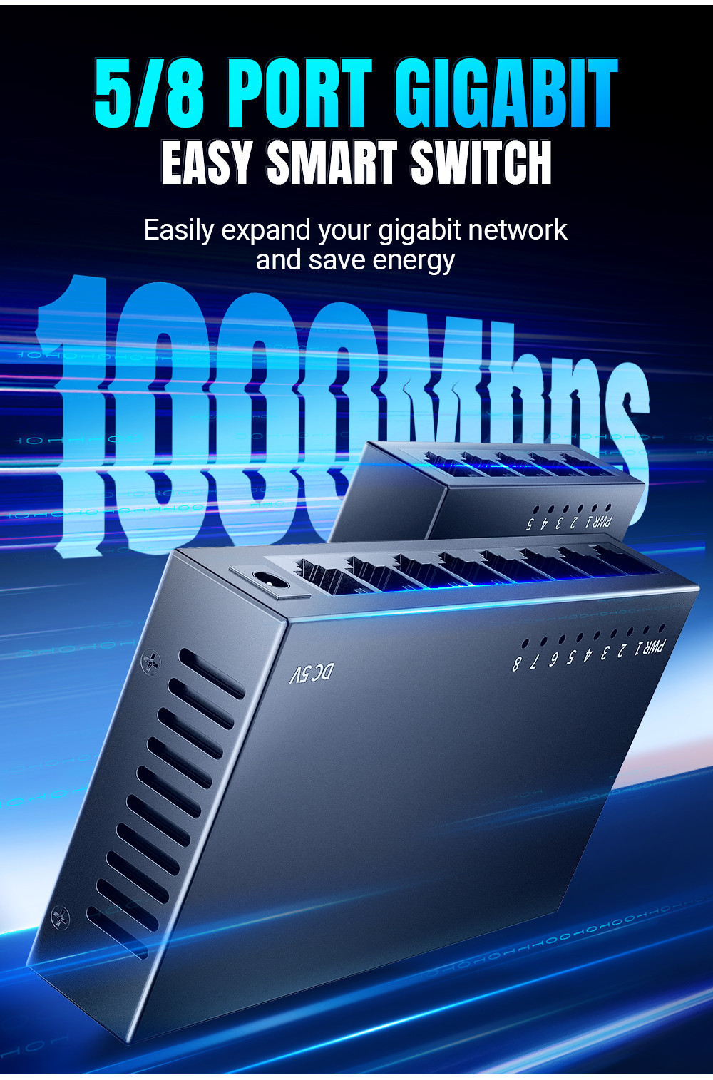 AMPCOM Network Switch 5/8 Ports Switch Ethernet 1000Mbps Gigabit High ...