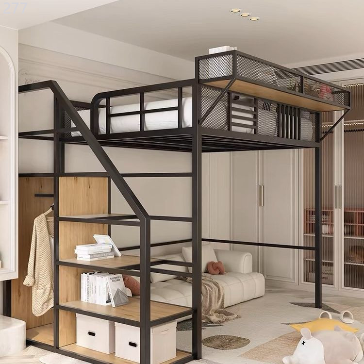 Iron high loft bed, upper bunk, double-decker space, lower table, iron ...